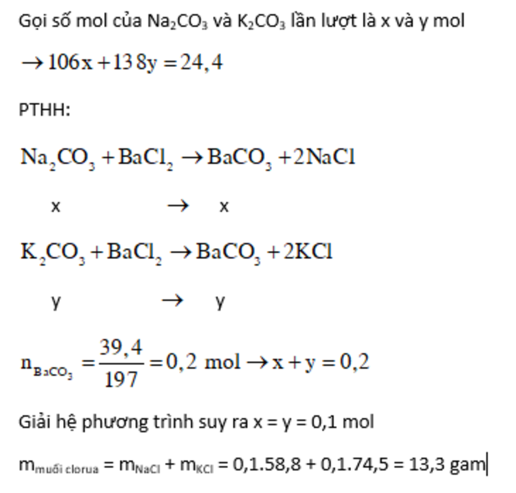 Cho 24,4 gam hỗn hợp Na2CO3, K2CO3 tác dụng vừa đủ với dd BaCl2. Sau phản ứng thu được 39,4 g ...