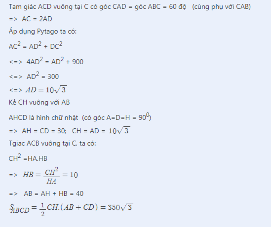 Cho hình thang ABCD có góc A bằng góc D bằng 90 độ,CA vuông góc với CB ...