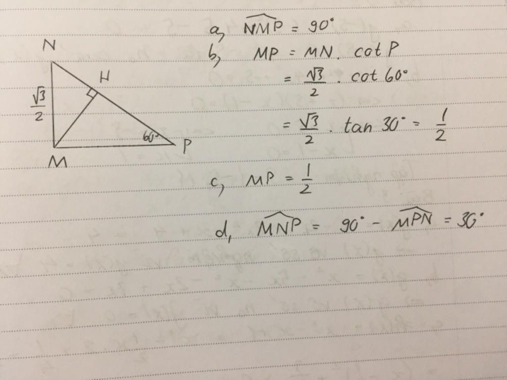 Cho tam giác MNP vuông góc tại m có MH là đường cao, cạnh MN bằng √3/2, góc MPN bằng 60 độ Kết ...