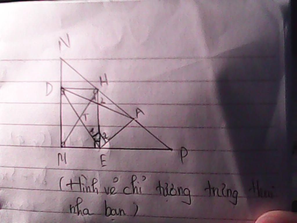 Cho tam giác MNP vuông tại M, đường cao MH. Gọi D,E lần lượt là chân các đường vuông góc hạ từ H ...