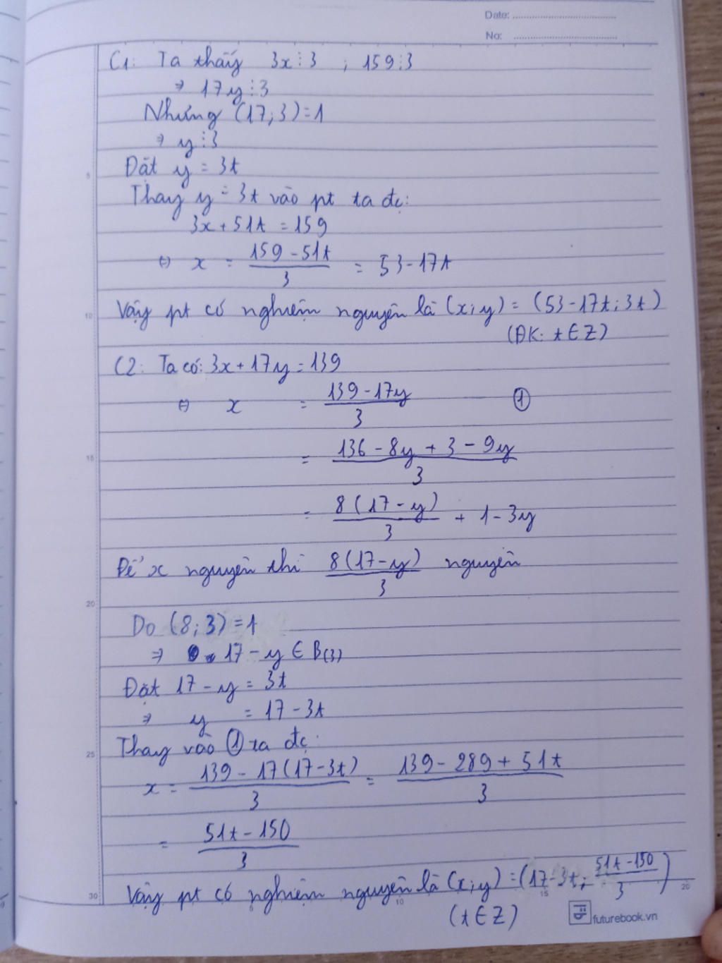 `3x+17y=159` làm 2 cách ko lặp (có 2 cách thật mà sao mod xóa thế) câu ...