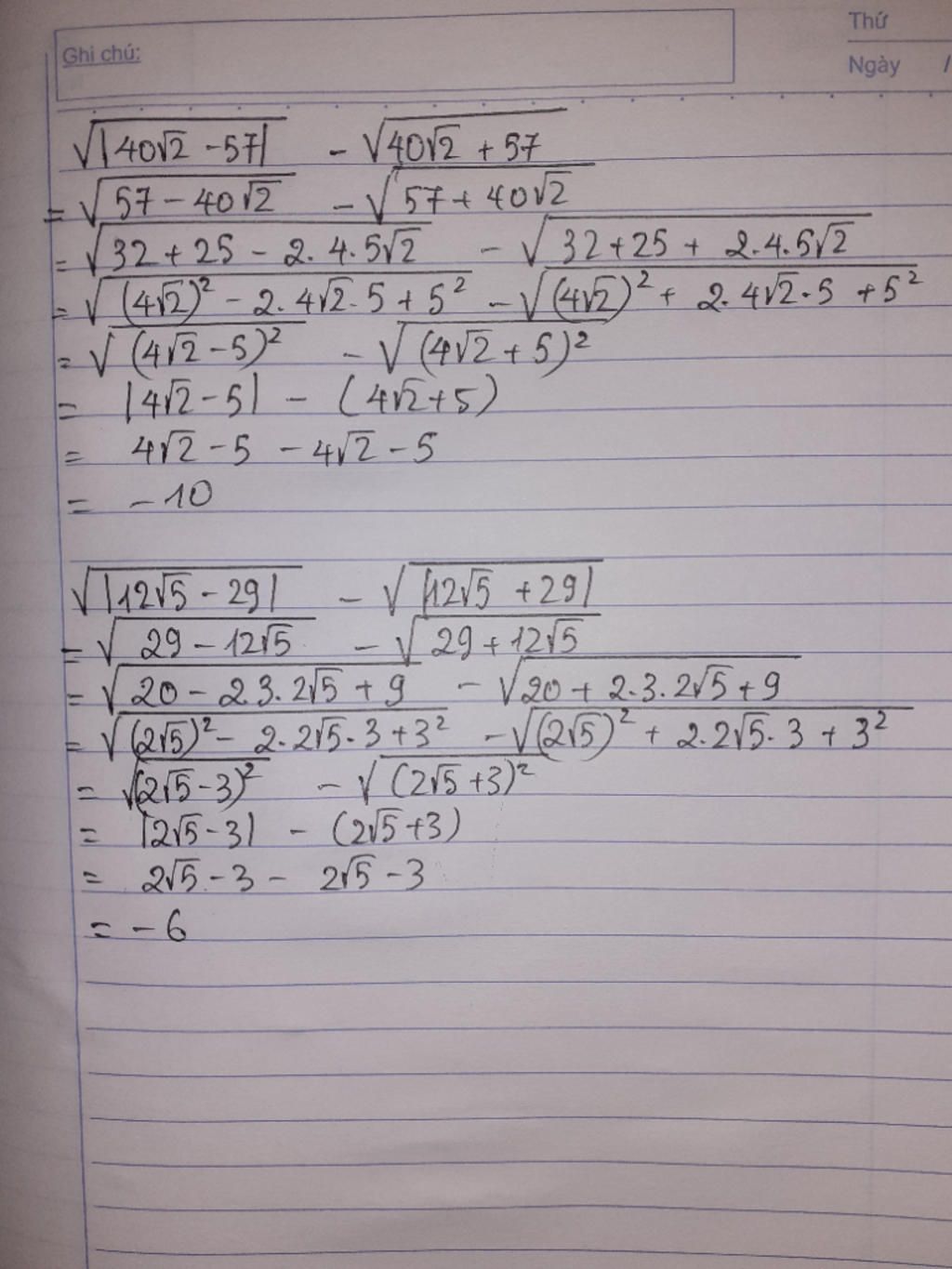 Tính giá trị biểu thức: `\sqrt{|40\sqrt{2}-57|}-\sqrt{40\sqrt{2}+57 ...