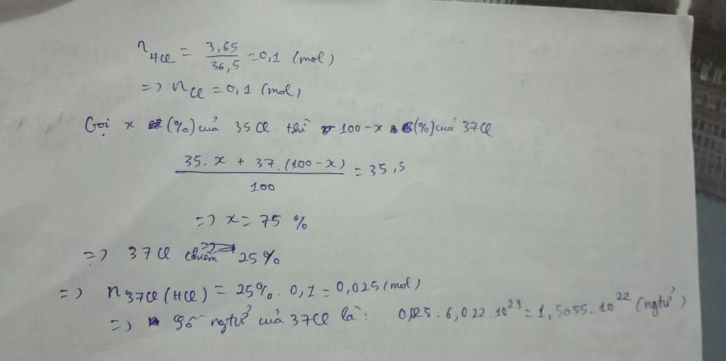 Trong tự nhiên Clo có 2 đồng vị 35Cl và 37Cl. Nguyên tử khối trung bình ...