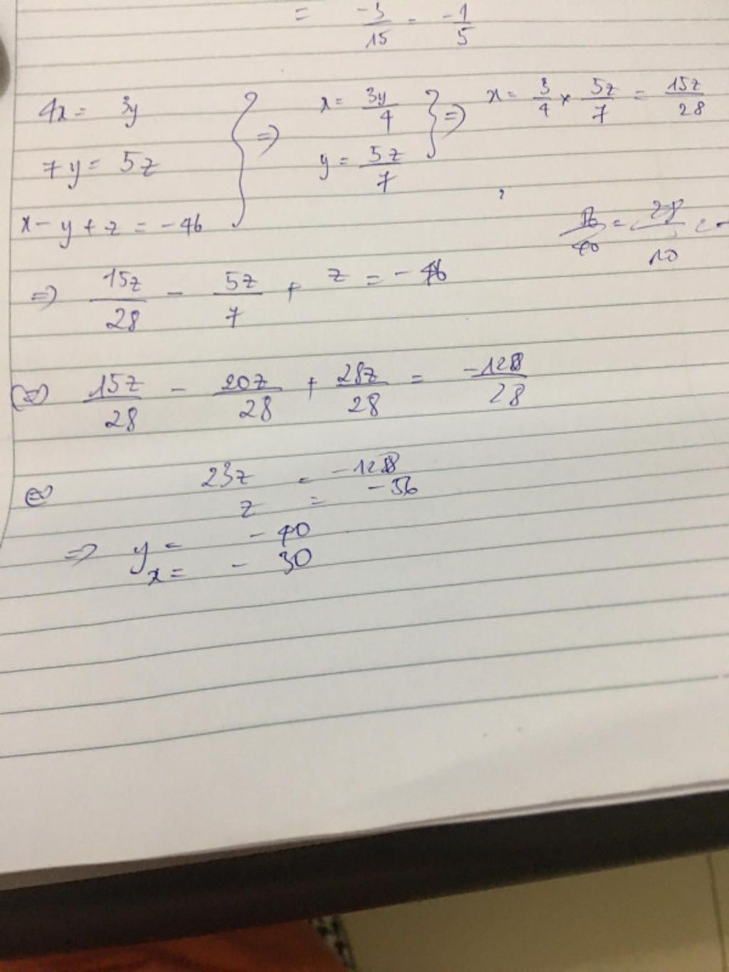 b)4x=3y 7y=5z và x-y+z=-46 c)6x=4y;8y=5z và 5x-3y-3z=-536 câu hỏi ...