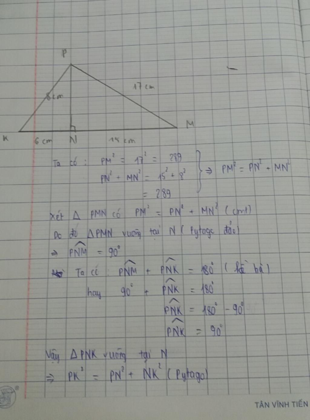 cho tam giác MNP có MN = 15 cm, NP = 8 cm, MP = 17 cm a) chứng minh rằng tam giác MNP vuông tại ...