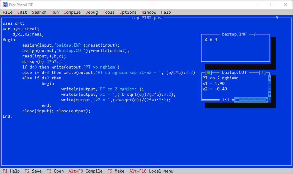 viết chương trình giải ptb2 (a khác 0) dữ liệu vào từ tệp baitap.INP ...