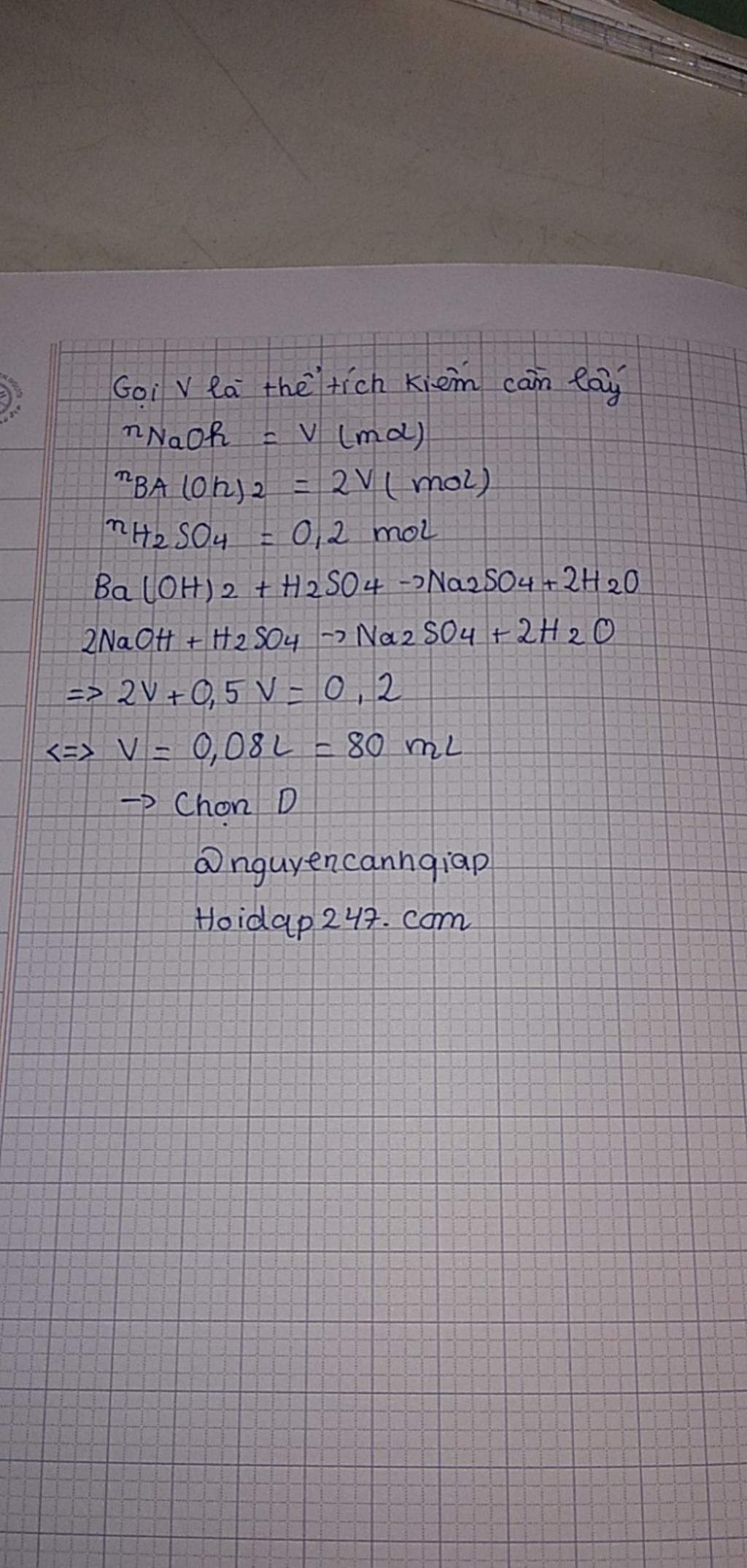 Cho 200ml dd chứa H2SO4 1M. Thể tích dd chứa đồng thời NaOH 1M và Ba(OH ...