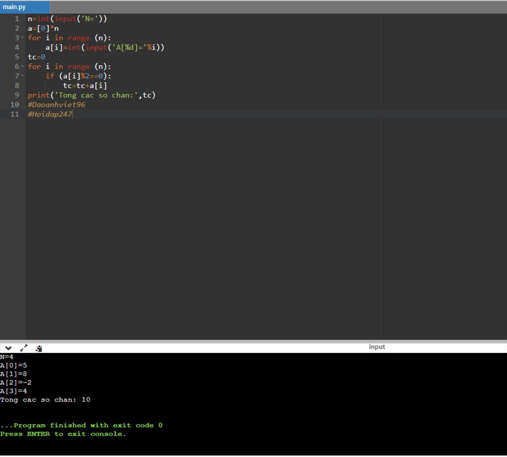 Viết chương trình bằng python tính tổng số chẵn trong dãy gồm N số ...