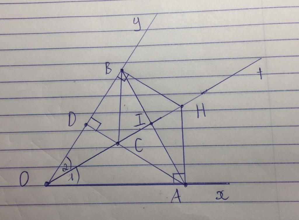 Cho góc nhọn xOy , điểm H nằm trên tia phân giác của góc xOy . Từ H dựng các đường vuông góc ...