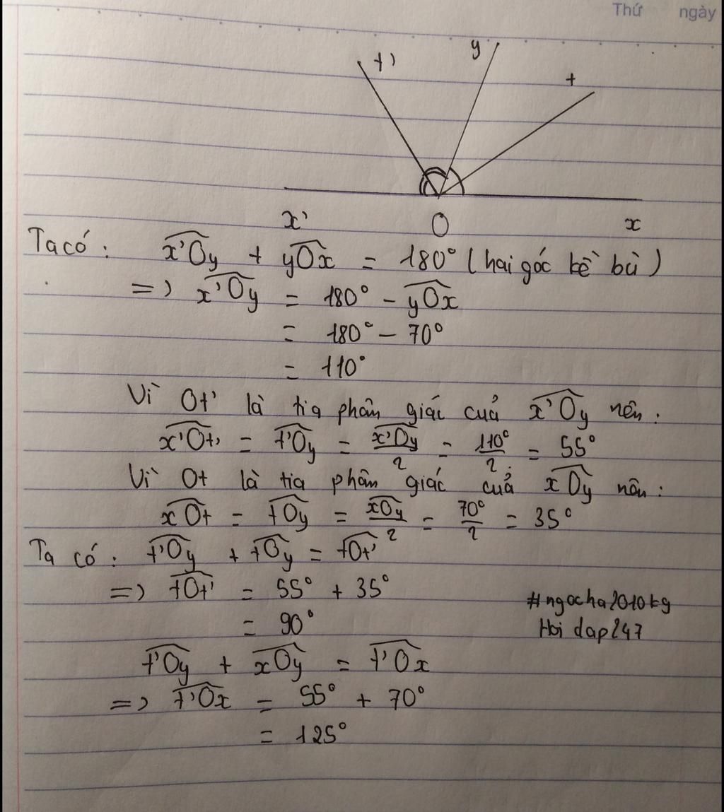 Vẽ 2 góc kề bù xOy và yox',biết xOy=70 độ.Ot là tia phân giác của xOy ...