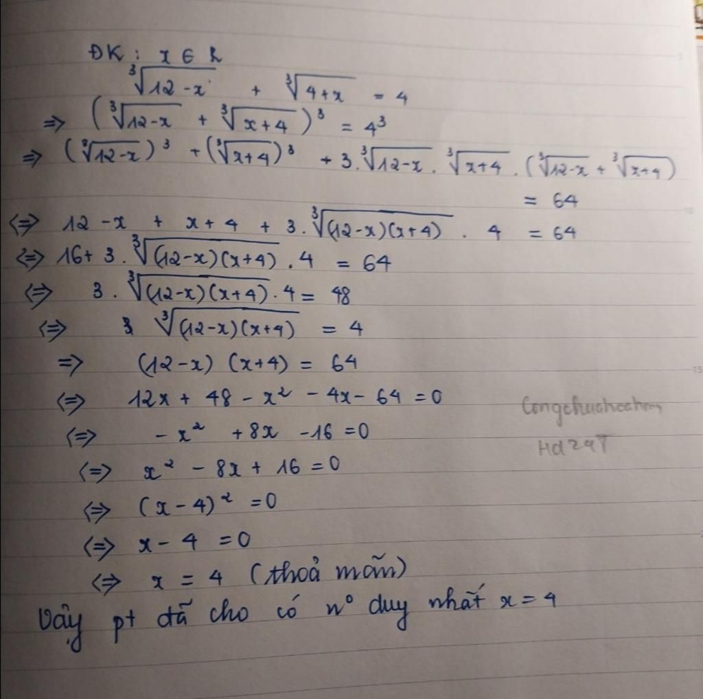 `\root{3}{12-x} + \root{3}{4+x} = 4` câu hỏi 4831019 - hoidap247.com