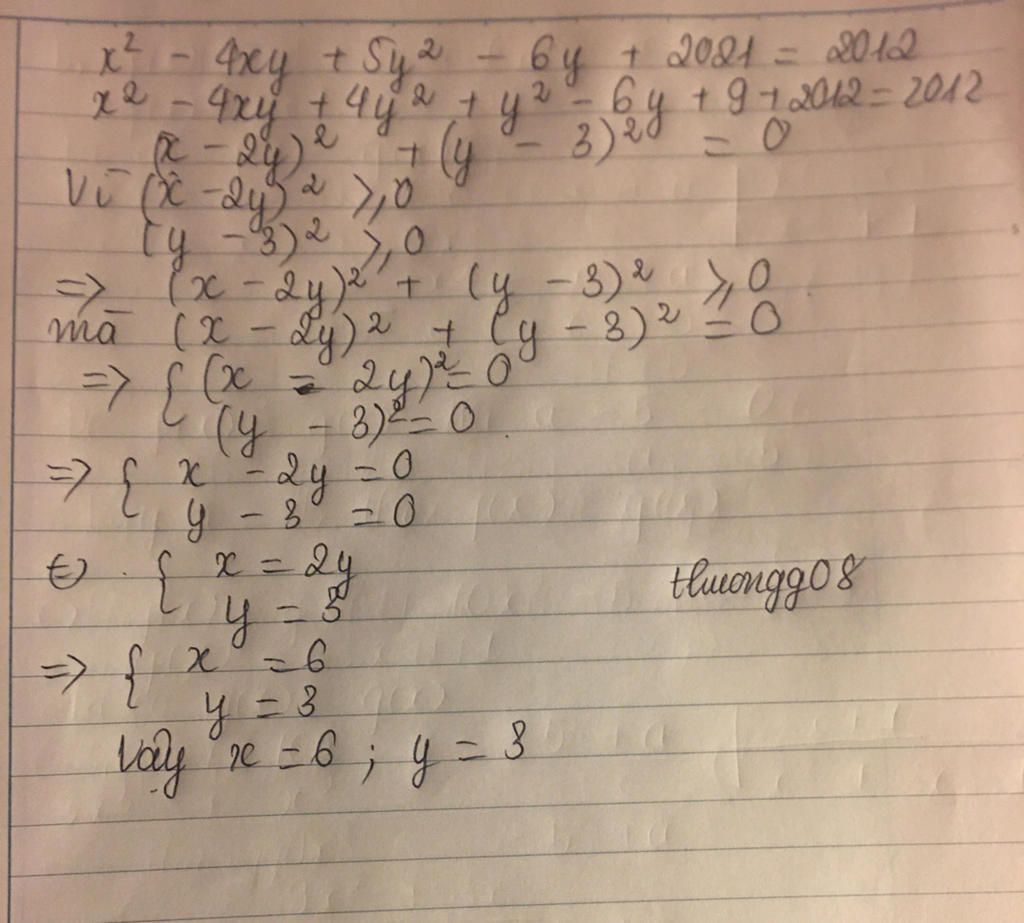 Tìm $x, y$: $x^2-4xy+5y^2-6y+2021=2012$ câu hỏi 4920986 - hoidap247.com