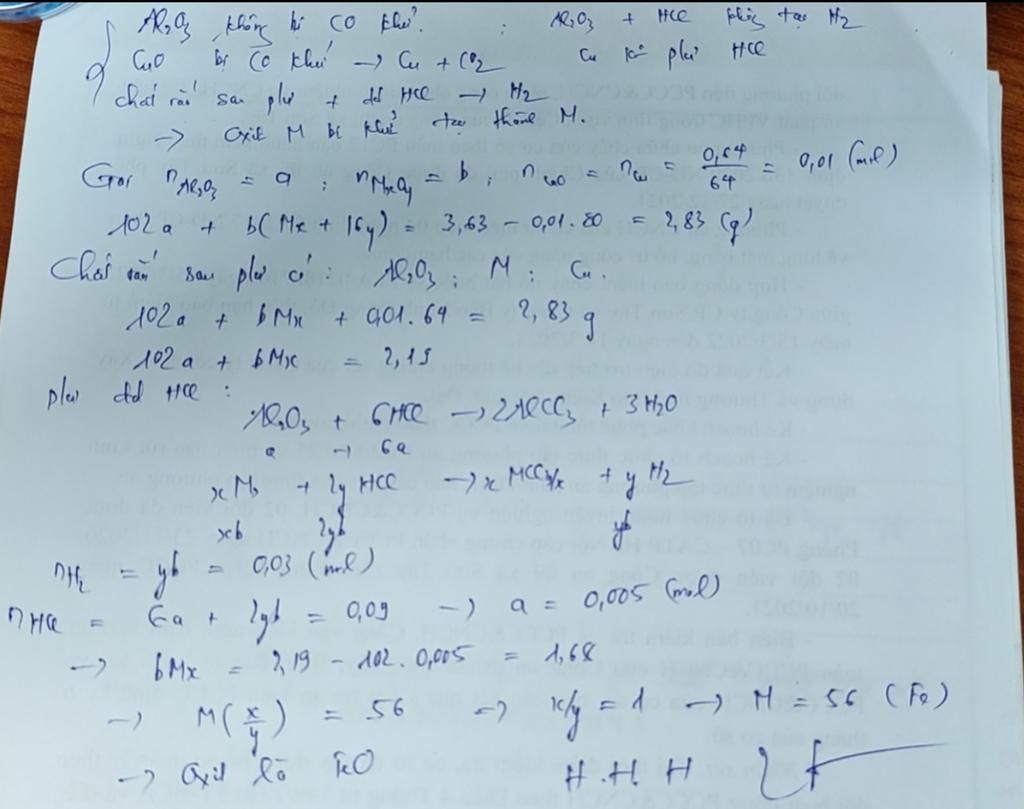 thổi dòng khí CO dư đi qua ống sứ chứa 3,63 gam hỗn hợp A gồm CuO Al2O3 và một oxit của kim loại ...