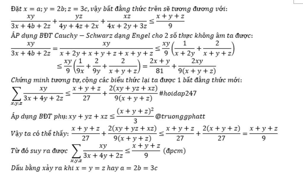 Cho a,b,c > 0 . CMR : $\frac{2ab}{3a + 8b + 6c}$ + $\frac{3bc}{3b + 6c ...