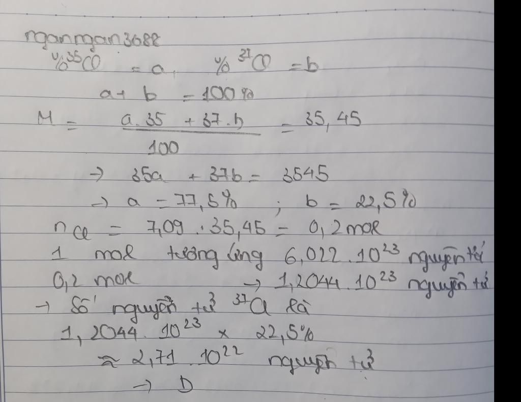 trong tự nhiên chlorine có 2 đồng vị bền là 35Cl và 37Cl . Biết nguyên ...