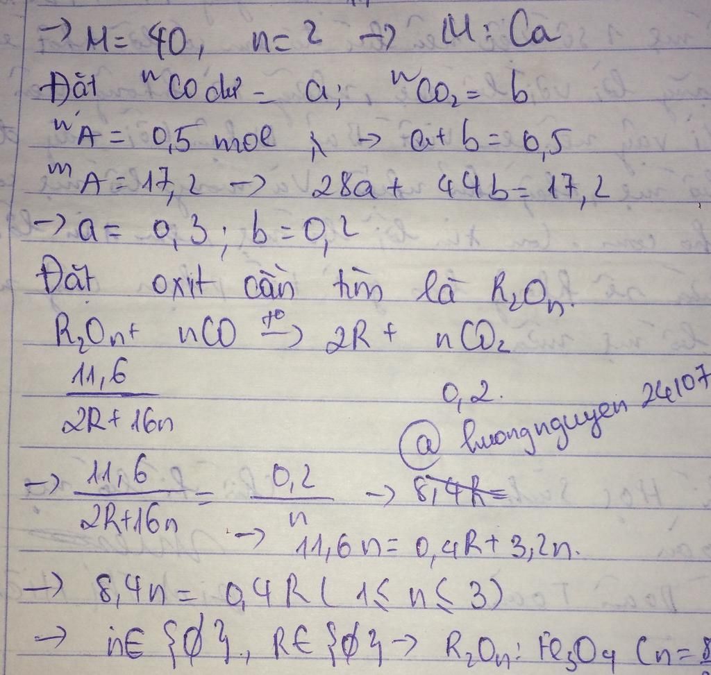 khử hoàn toàn 11,6 gam 1 oxit kim loại R bằng khí CO dư ở nhiệt độ cao .Sau pảhn ứng thu được ...
