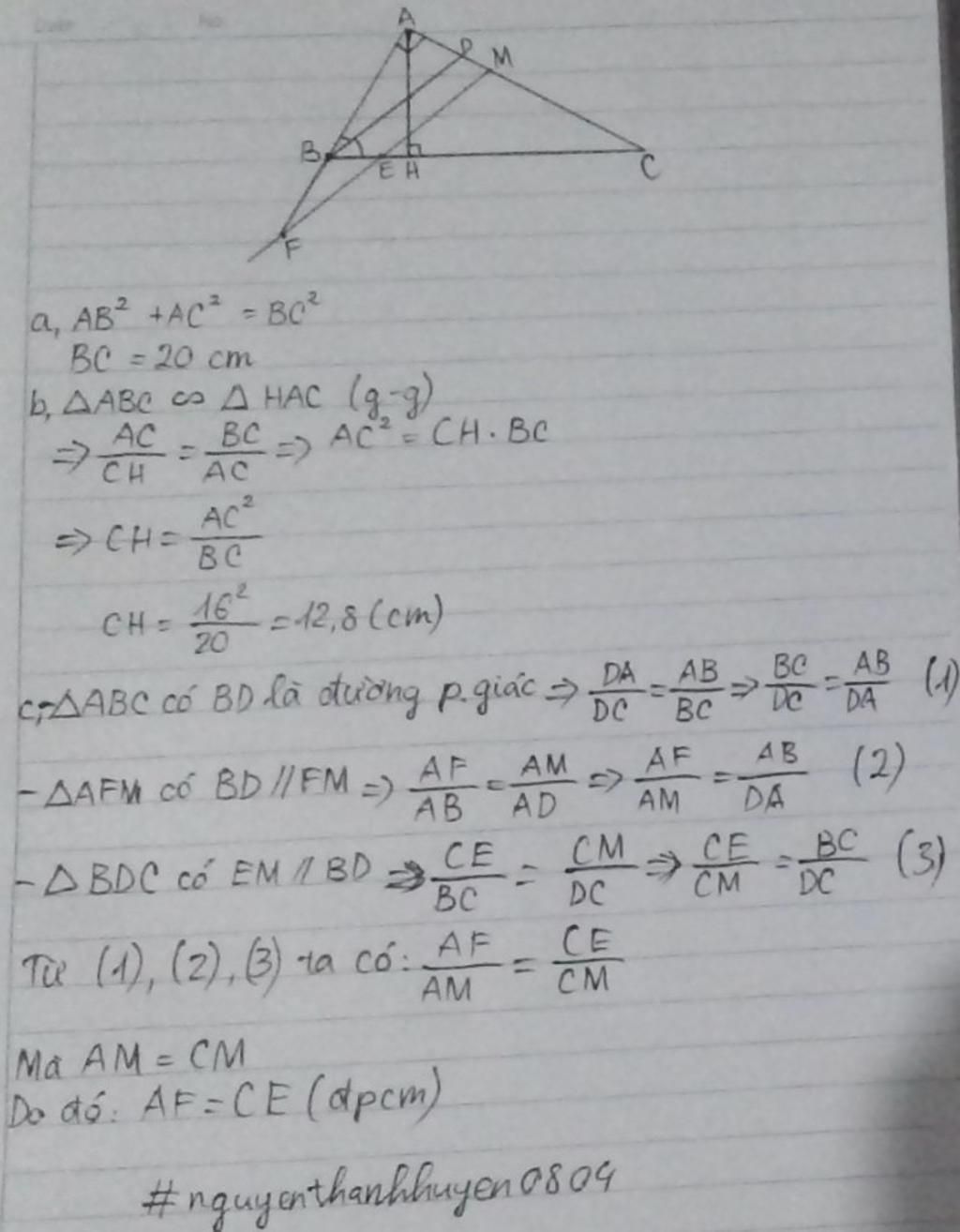 Cho tam giác ABC vuông tại A có AB = 12 cm, AC = 16 cm. a) Tính BC. b) Vẽ đường cao AH. Chứng ...