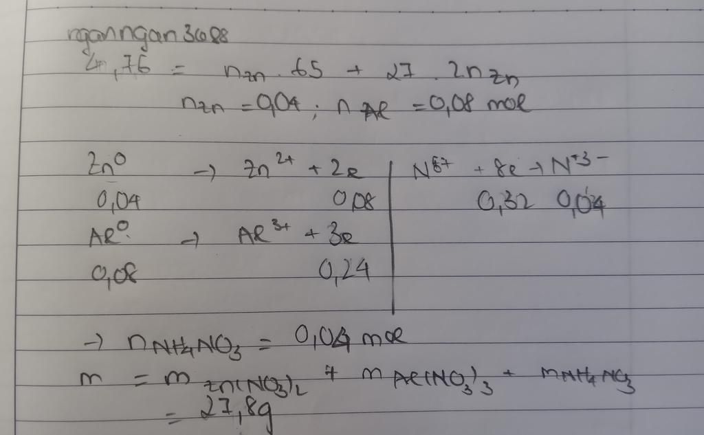 hòa tan 4,76g hỗn hợp zn al có tỉ lệ mol 1:2 trong dung dịch HNO3 vừa đủ, được dung dịch x chứa ...