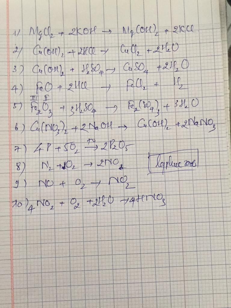 1) MgCl2 + KOH Mg(OH)2 + KCl 2) Cu(OH)2 + HCl CuCl2 + H2O 3) Cu(OH)2 ...