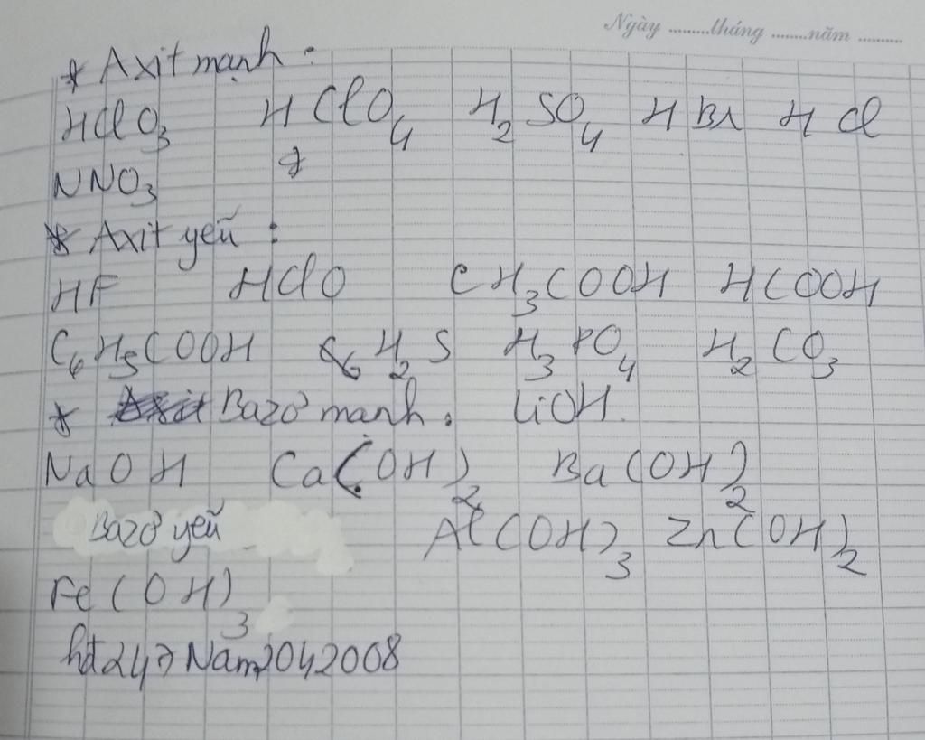 mình cần liệt kê danh sách AXIT MẠNH, AXIT YẾU, BAZO MẠNH, BAZO YẾU, mà ...
