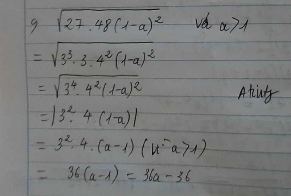 Rút gọn biểu thức sau: c) $\sqrt{27.48(1-a)^2}$ với `a > 1` d) $\dfrac ...