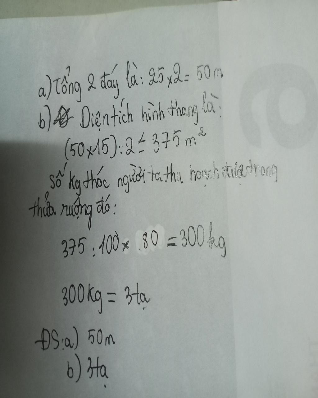 Một Thửa Ruộng Hình Thang Có Trung Bình Cộng 2 đáy Là 25m Và Chiều Cao Là 15m A Tính Tổng 2 đáy 