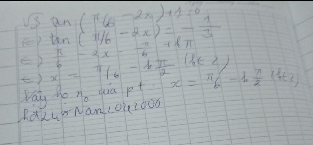 căn3 tan( pi/6-2x) +1=0 câu hỏi 5046381 - hoidap247.com