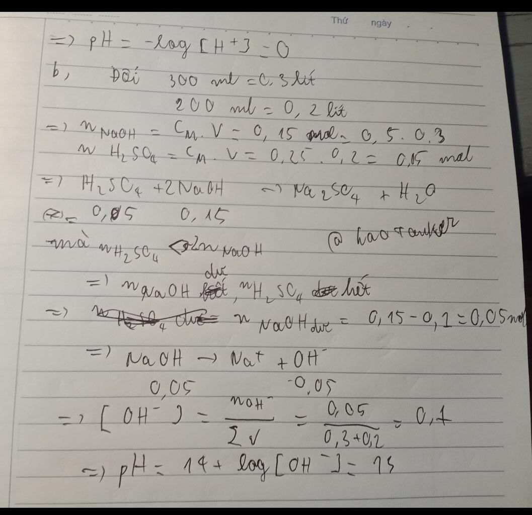 a)Trộn 200ml dd H2SO4 0,5M vào 300ml dd HCl 1M.Tính pH của dd thu được ...