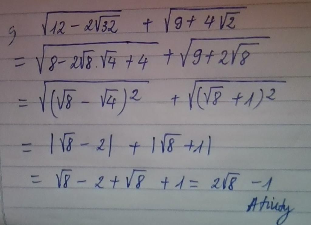 Thực hiện các phép tính sau: `\bb c)\sqrt{12-2\sqrt{32}}+\sqrt{9+4\sqrt ...