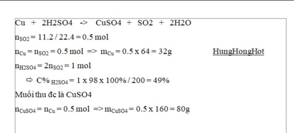 cho Cu phản ứng với 200g dd H2SO4 thu được 11.2l khí SO2 a) tính khối ...