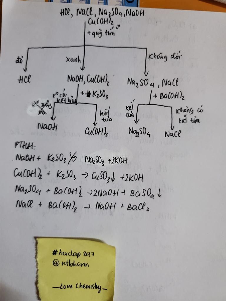 Nêu cách nhận biết HCl, NaCl, Na2SO4, NaOH, Cu(OH)2 Trình bày chi tiết giúp mình với ạ câu hỏi ...