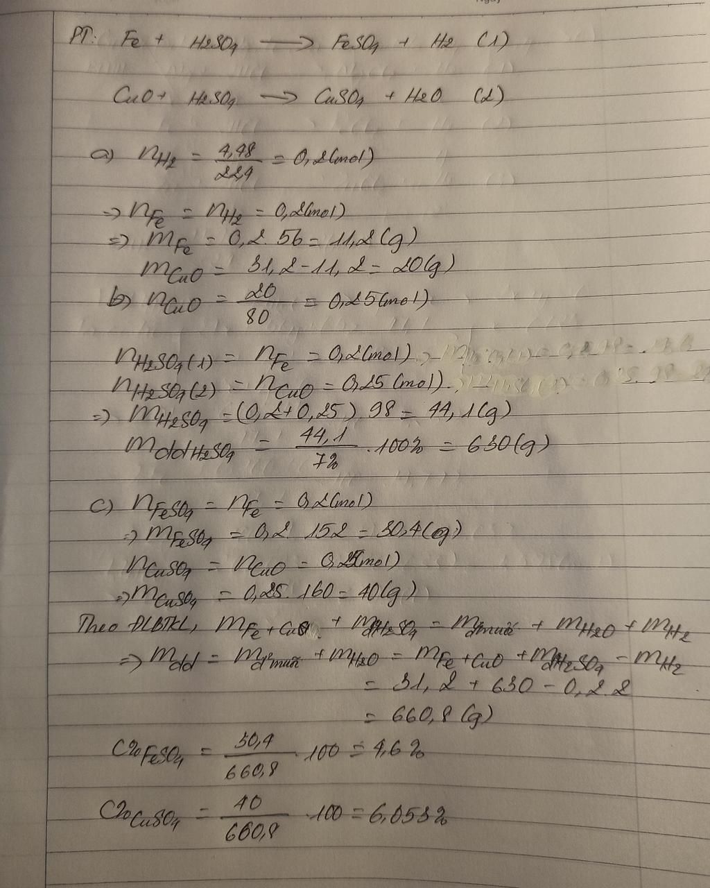 Hòa tan hoàn toàn 31,2 g Fe và CuO bằng dd H2SO4 7% l thu được 4,48 lit ...