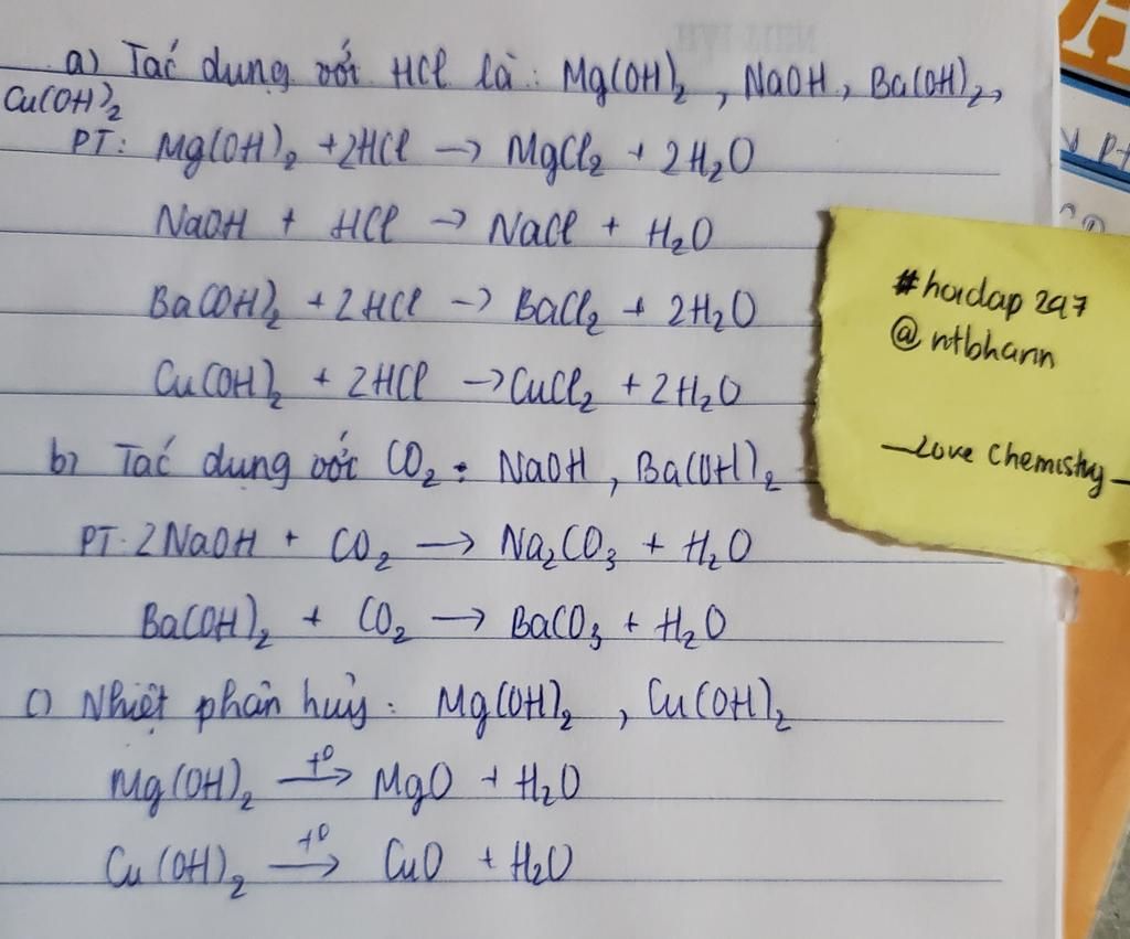 Có những Bazơ sau: Mg(OH)2; NaOH; Ba(OH)2; Cu(OH)2. Hãy cho biết Bazơ nào? a) Tác dụng với dd ...