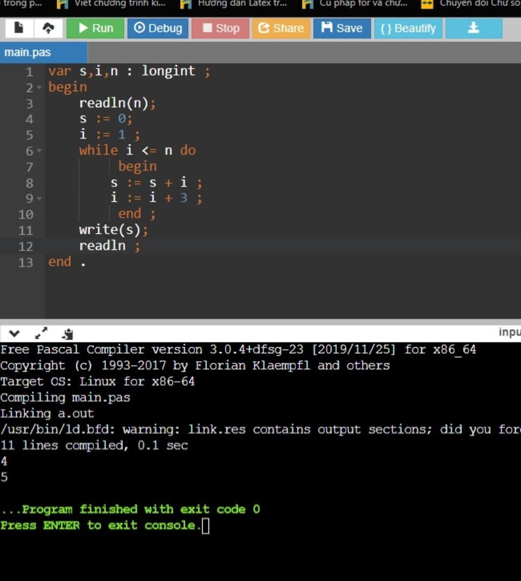 Cho `\text{S:=0; for i:=1 to n do Begin S:=S+i; i:=i+3; end;}`. Em hãy ...