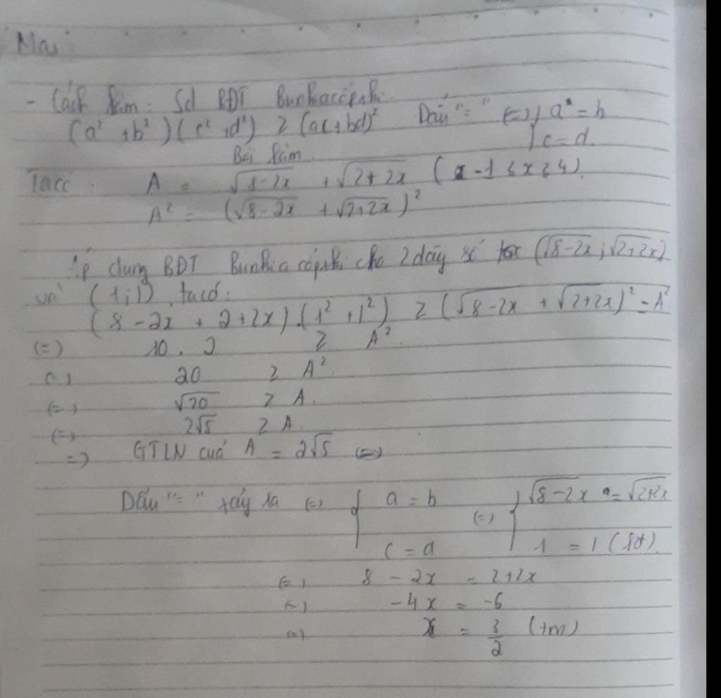 Tìm max của: $\sqrt{8-2x}+\sqrt{2+2x}$ câu hỏi 5201413 - hoidap247.com