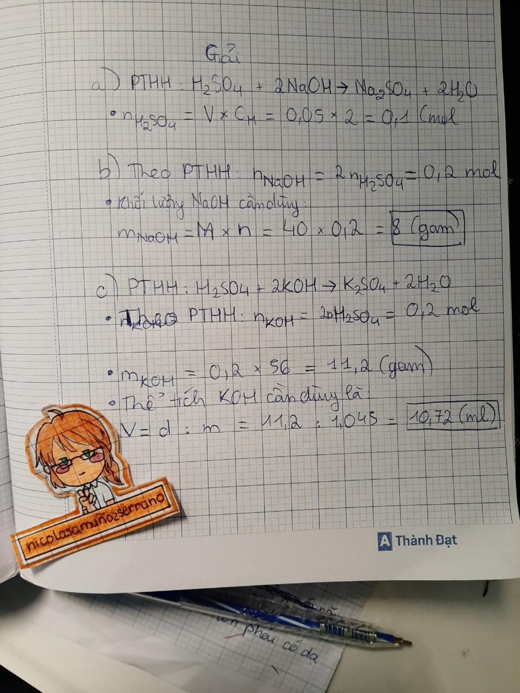 Trung hòa 50 ml dd H2SO4 2M bằng dd NaOH. a) viết phương trình phản ứng ...