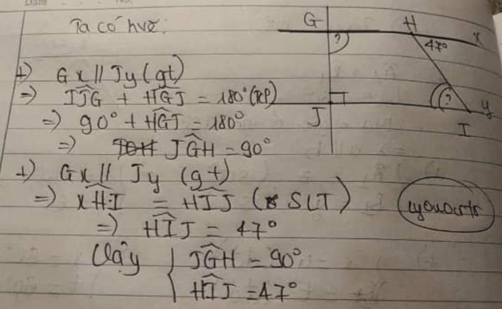 Bài 3. Cho hình 2. Biết Gx || Jy và GJ1 =90°; xH1 =47° Tính JGH; HIJ ...