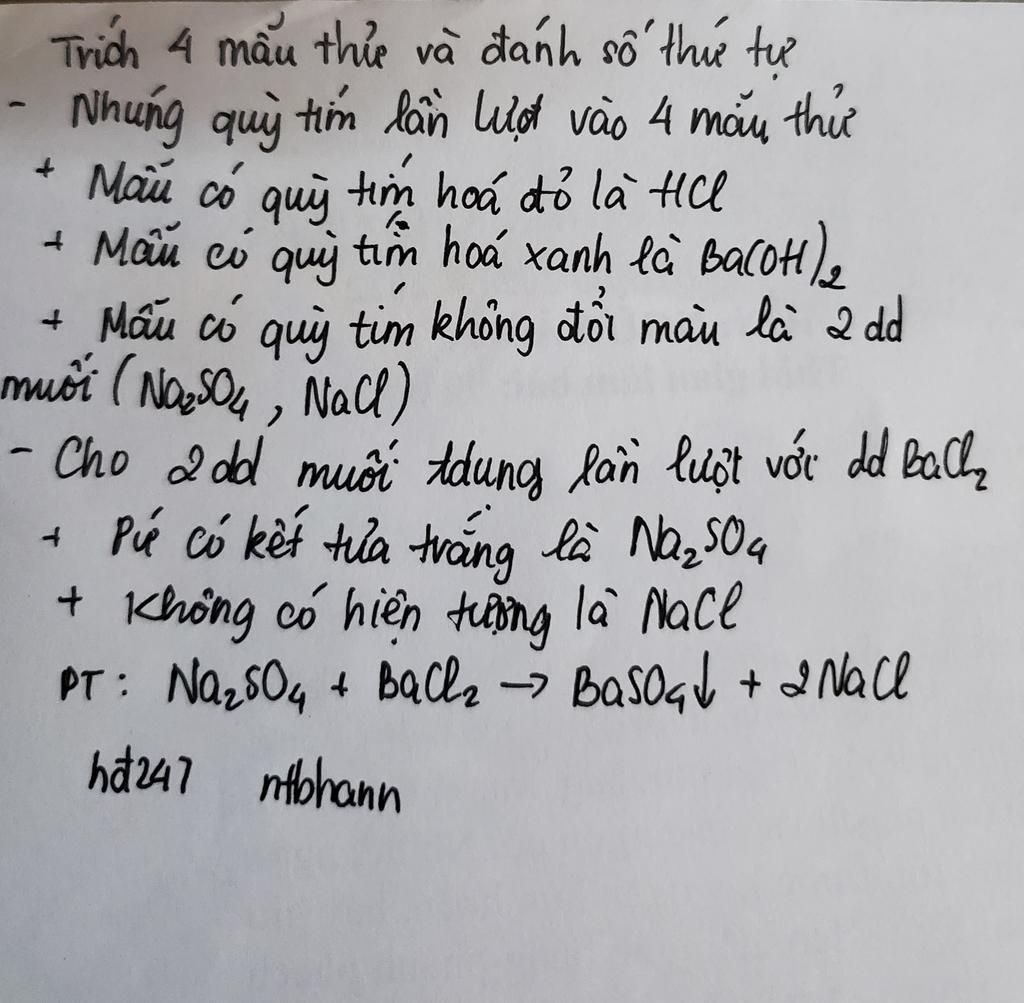 nhận biết HCL,NA2SO4,NACL,BA(OH)2 bằng phương pháp hóa học câu hỏi 5245659 - hoidap247.com