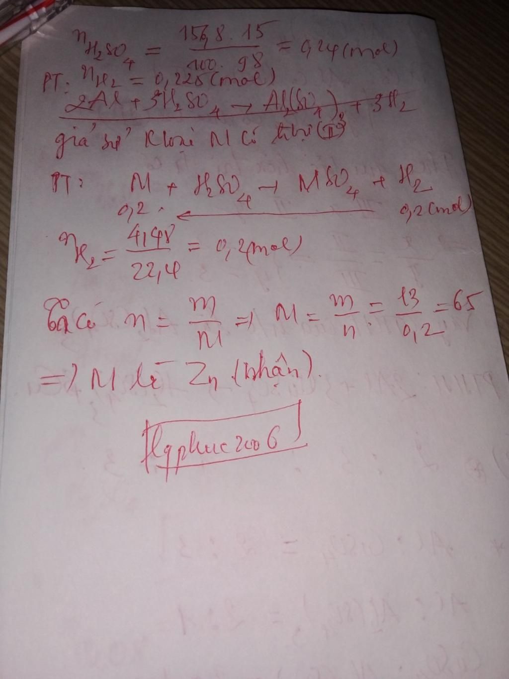 Cho 13g kim loại M tác dụng với dd H2SO4 loãng thu được 4,48 lít khí H2 ...