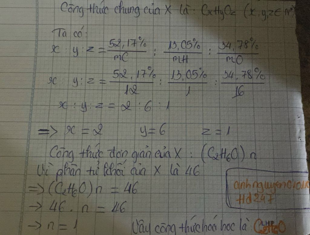Tìm CTHH của hợp chất X có thành phần nguyên tố gồm 52,17% cacbon, 13 ...