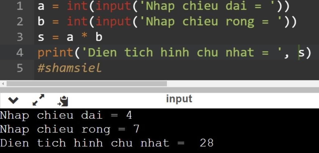 Lập chương trình python nhập chiều dài và chiều rộng của HCN.Tính diện tích hcn.Thông báo S hcn ...
