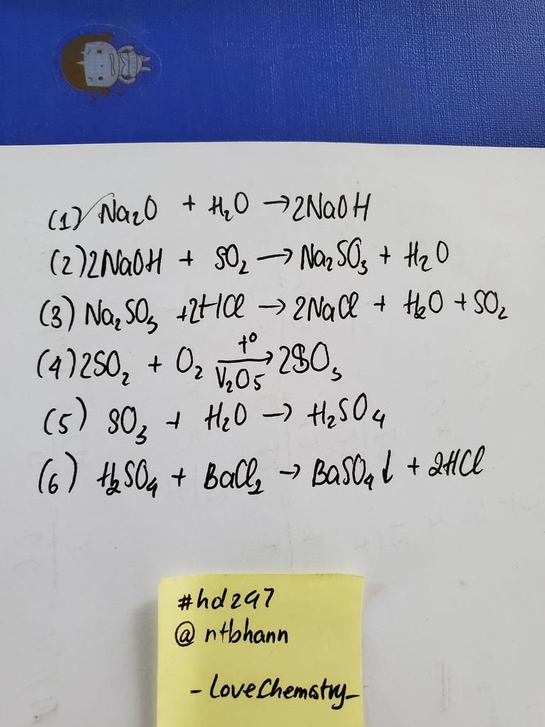 Viết các PTHH minh họa cho chuyển đổi Na2O -> NaOH -> Na2SO3 -> SO2 -> SO3 -> H2SO4 -> BaSO4 câu ...