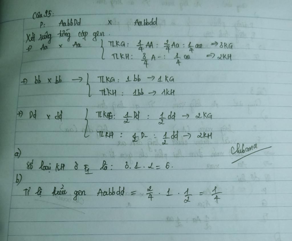9 20 Câu 95. Ở thế hệ P: AabbDd × Aabbdd. Cho biết mỗi gen quy định một ...