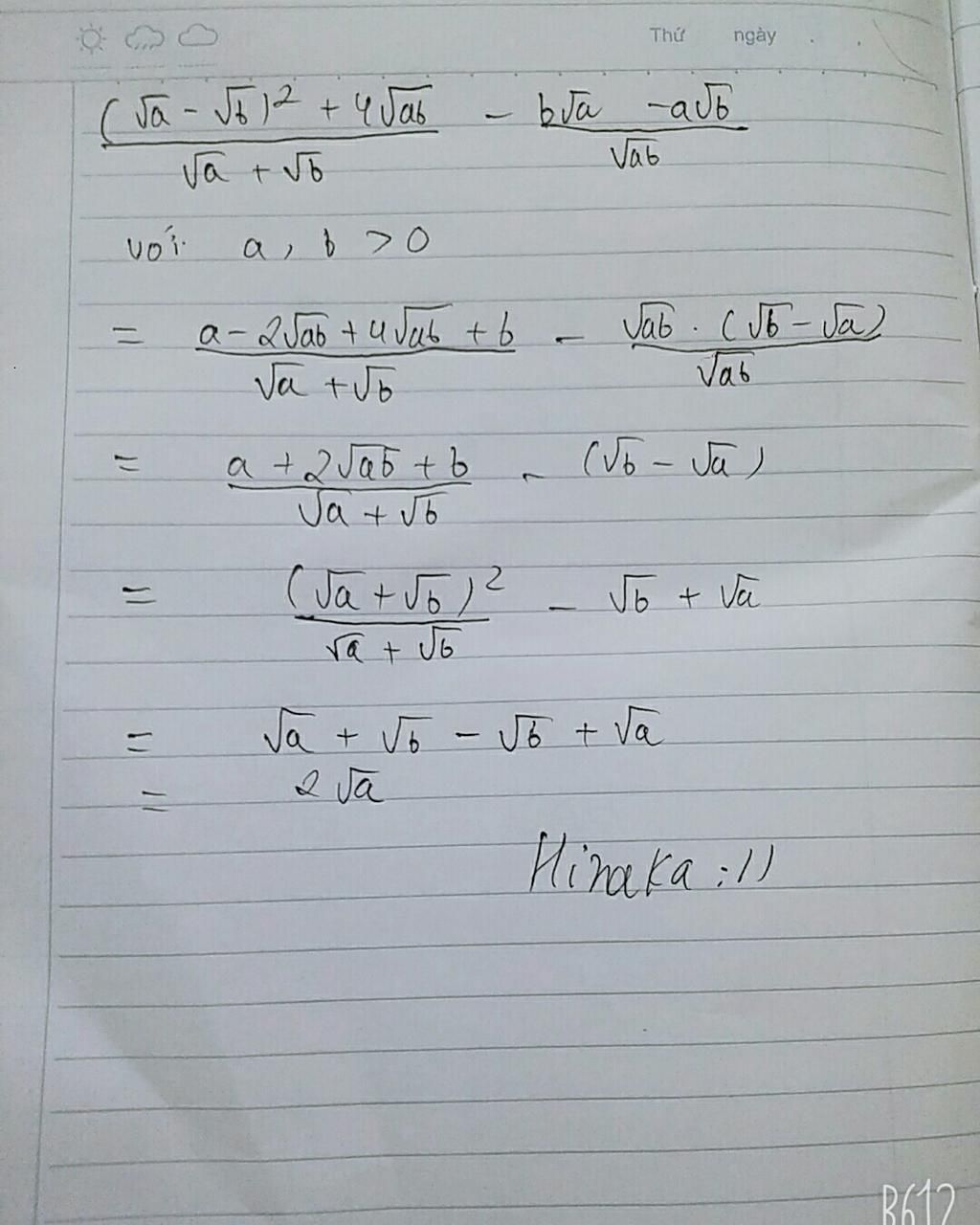Rút gọn biểu thức ` ((\sqrt{a}-\sqrt{b})^2+4\sqrt{ab})/(\sqrt{a}+\sqrt{b})- (b\sqrt{a}-a\sqrt{b ...