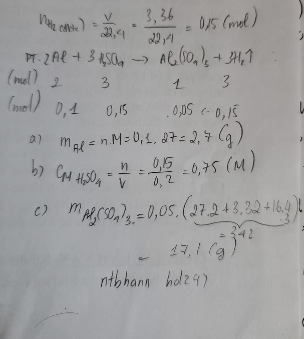 hòa tan hoàn toàn m gam al vào 200ml dd h2so4 loãng phản ứng thoát ra 3 ...