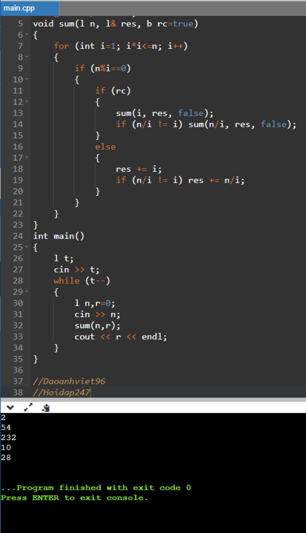 code c++: tính tổng các ước của tất cả các ước của n. vd: input 2 54 10 ...