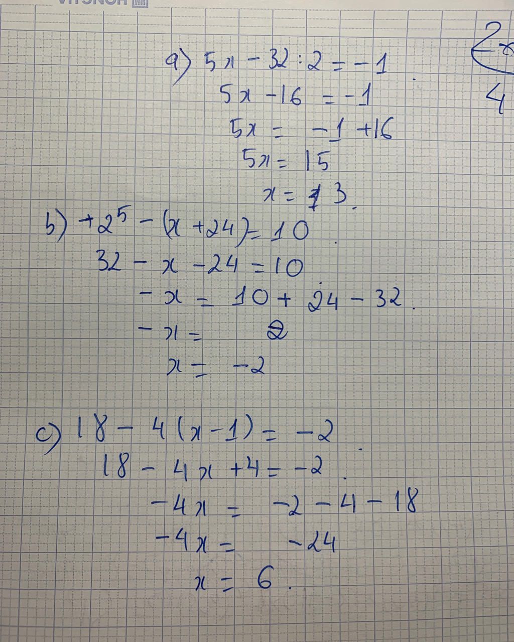 5x-32:2=-1 (+2)^5-(x+24)=10 18-4(x-1)=-2 câu hỏi 5291723 - hoidap247.com