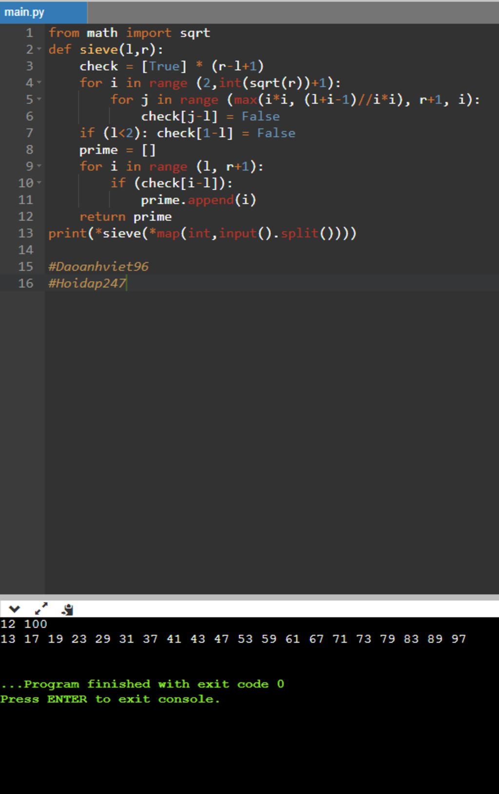 Đếm có bao nhiêu số nguyên tố trong đoạn lr ( dùng sàng) python ạ câu hỏi 5299825 - hoidap247.com
