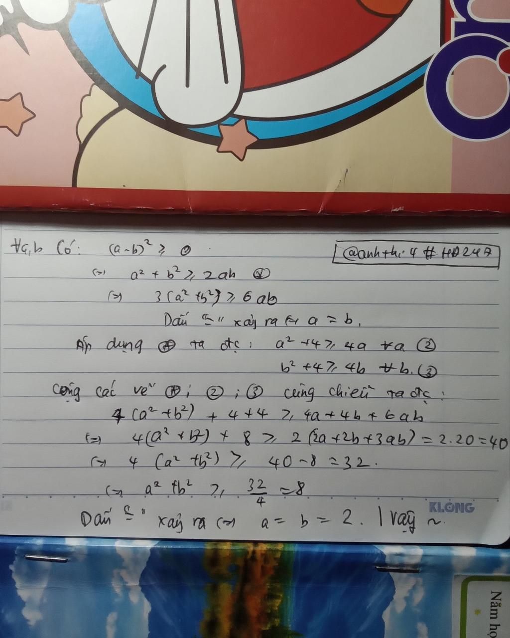 Cho hai số thực `a,b` thỏa mãn `2a+2b+3ab=20` . Chứng minh rằng `a^2 ...