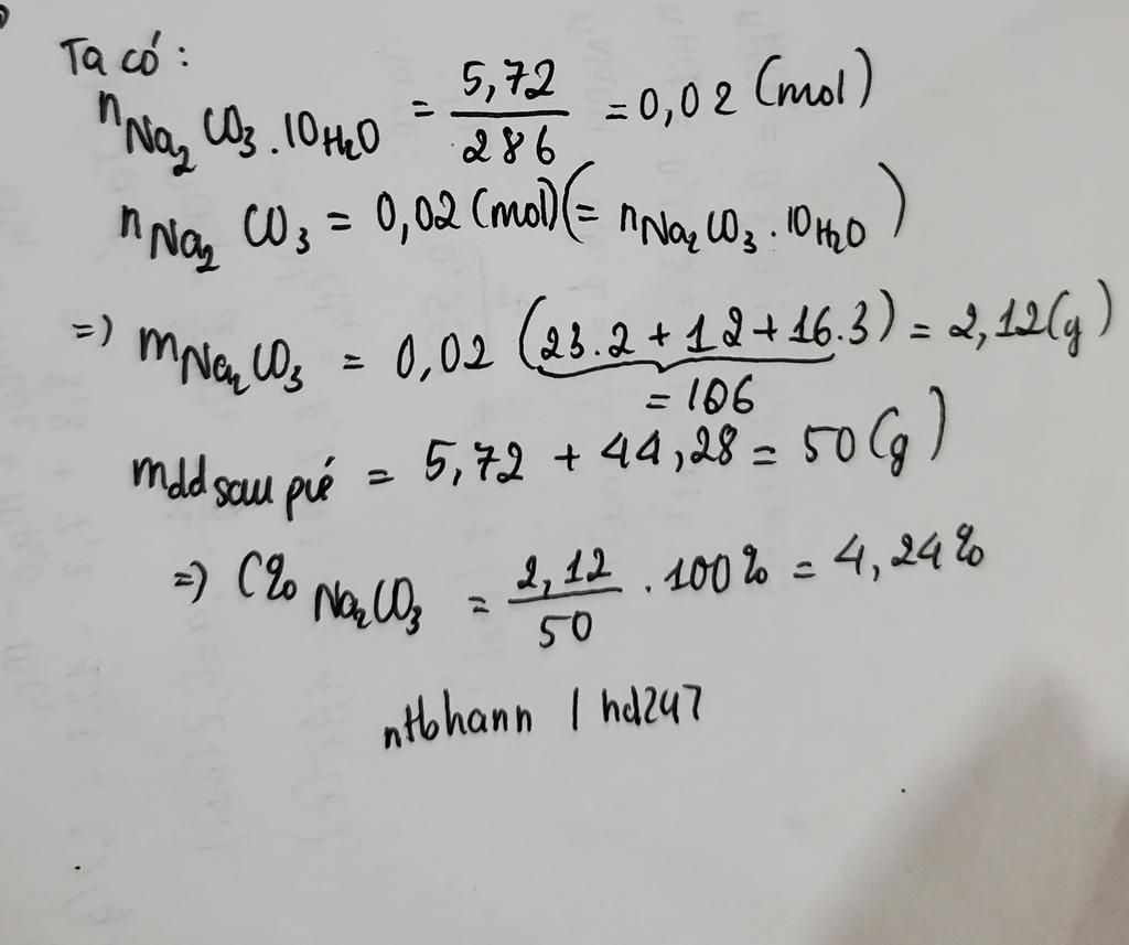 Hòa tan hết 5,72 gam Na2CO3.10H2O ( sô đa tinh thể) vào 44, 28 ml nước ...